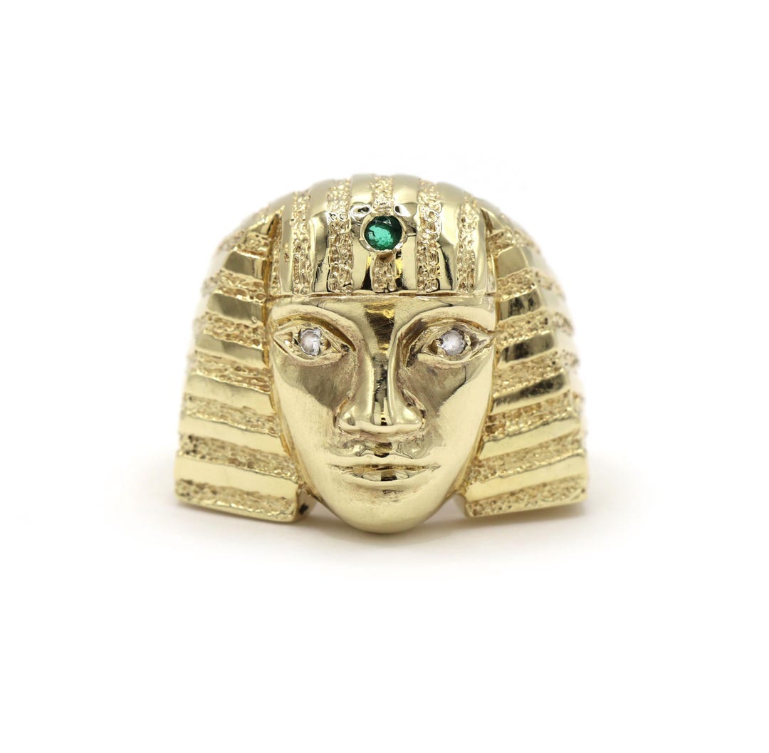 Egyptian Pharaoh King Tut 14K Yellow Gold Emerald Diamond Men’s Ring ...