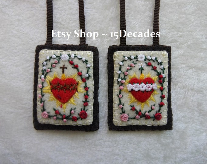 Mini Wool Scapular With Sacred Heart and Immaculate Heart - Hand ...