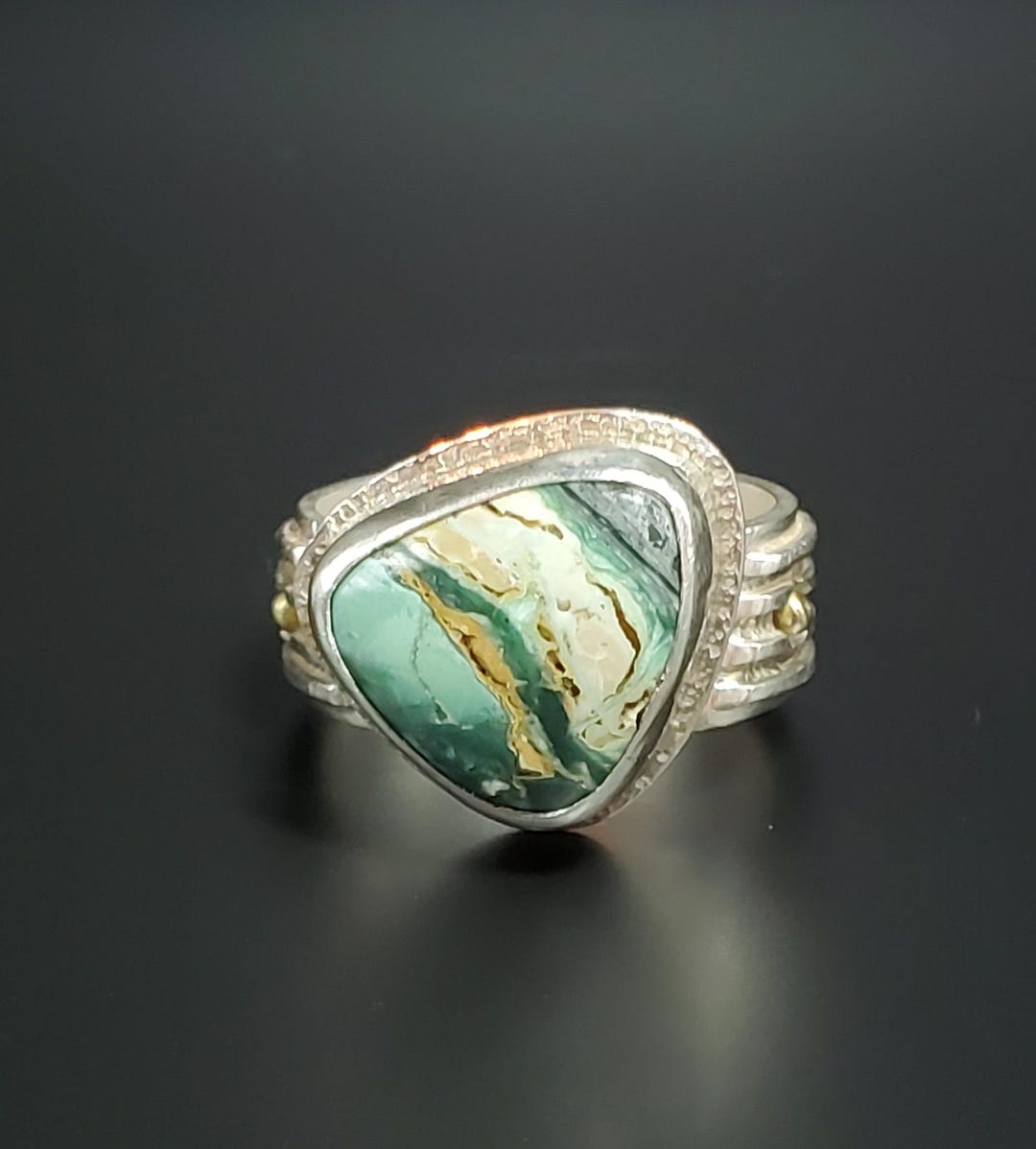 Turquoise and Sterling Silver Ring With 14kt Gold Accents and Ribbed ...
