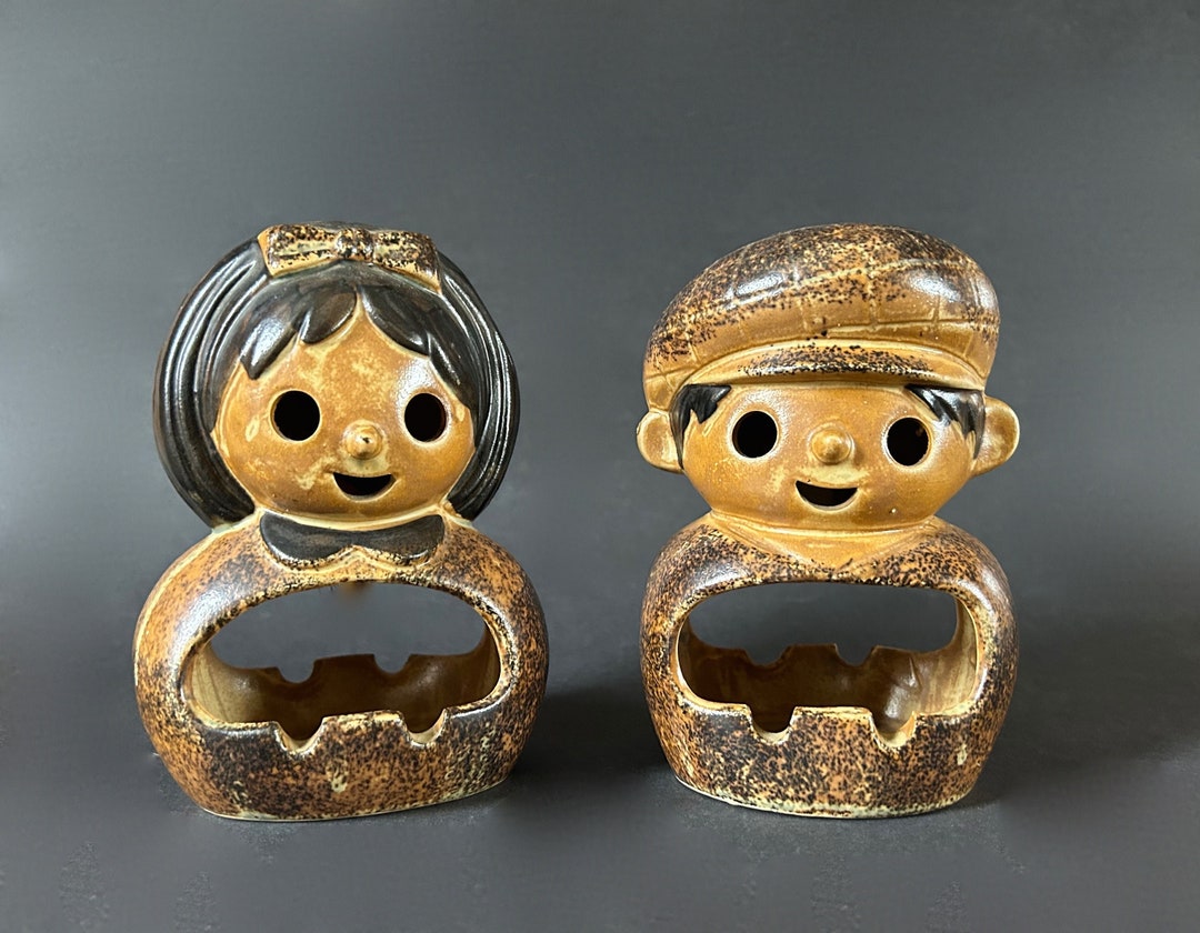 1960s Hanging Pottery Ashtray Set, Boy and Girl; Vintage Hanging ...