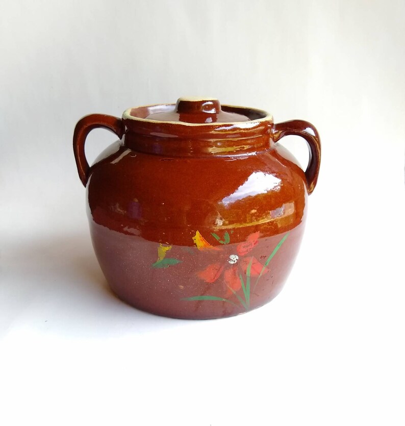 Vintage Brown Glazed Bean Pot with Red Flowers Primitive | Etsy