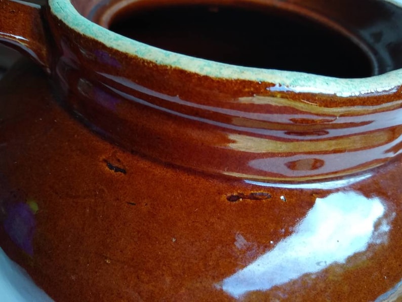 Vintage Brown Glazed Bean Pot With Red Flowers Primitive - Etsy