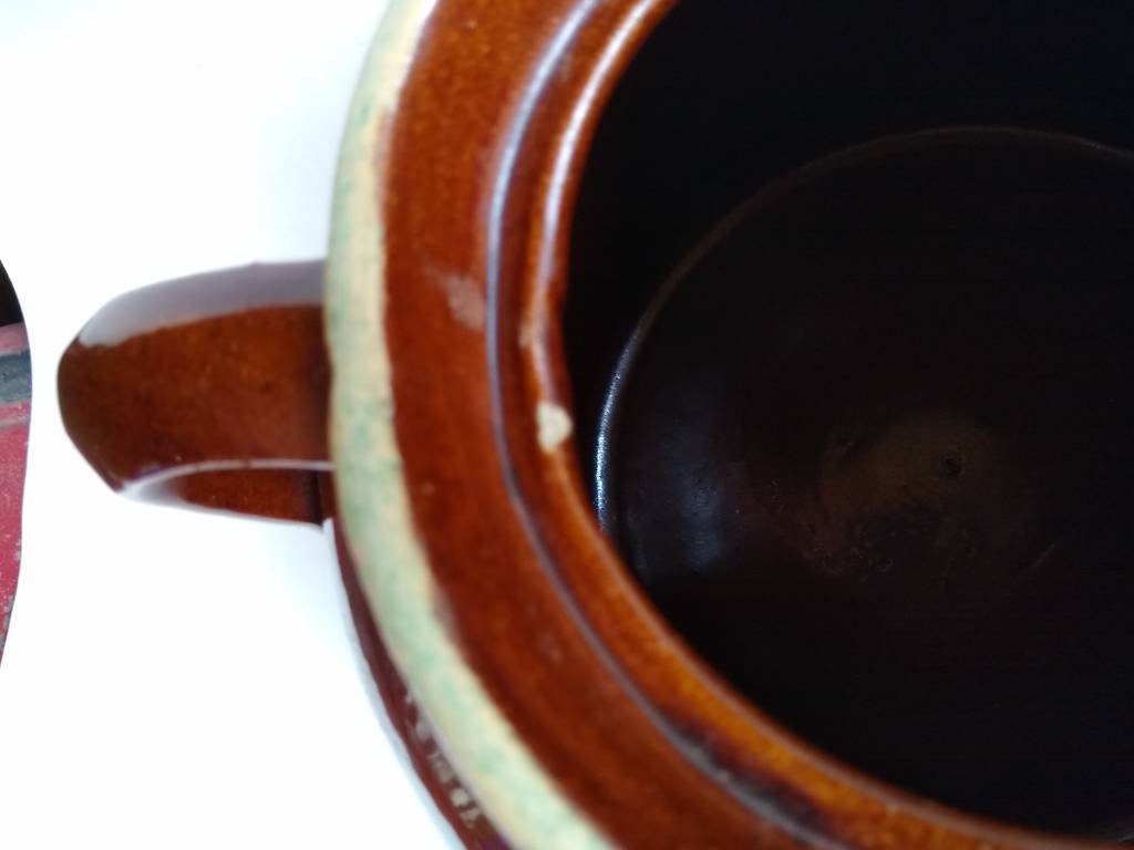 Vintage Brown Glazed Bean Pot with Red Flowers Primitive | Etsy