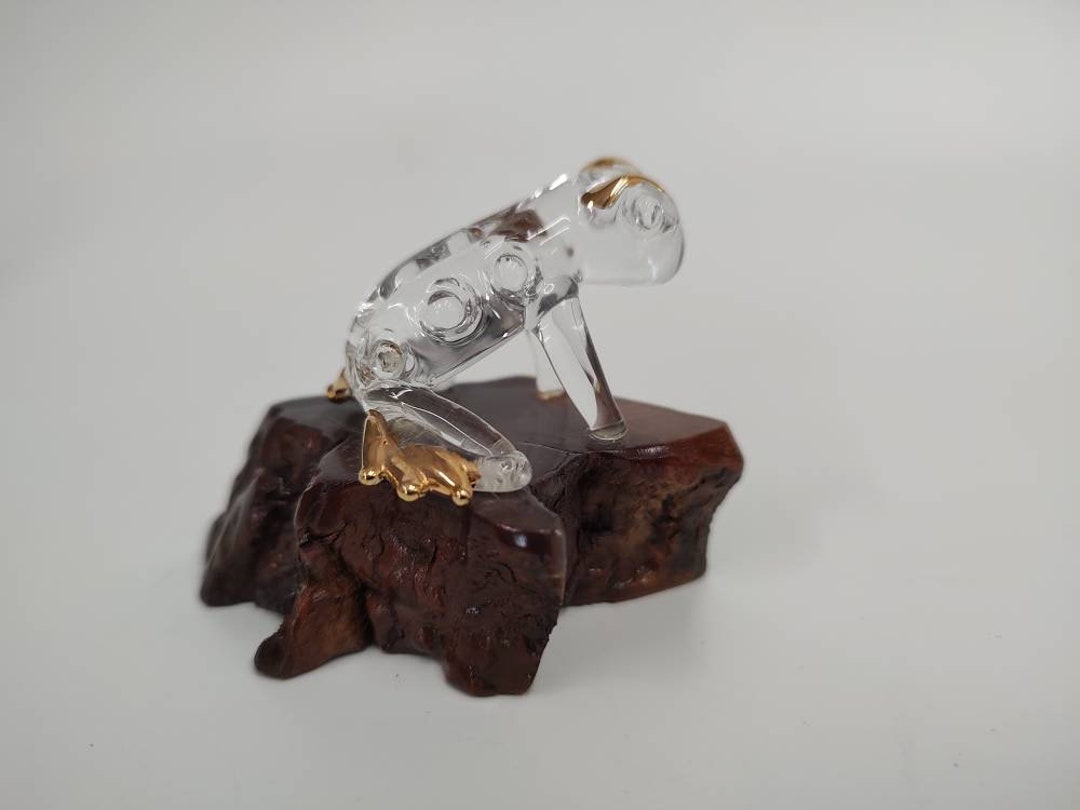 Blown Glass Frog Clear Glass With Gold Points on Wood Base, Glass Frog ...
