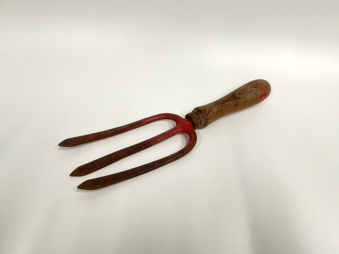 Garden Hand Tool Red Metal 3 Prong Wood Handle Vintage - Etsy