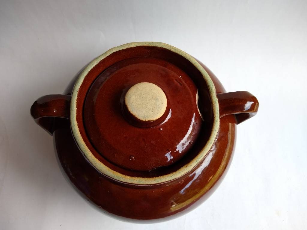 Vintage Brown Glazed Bean Pot with Red Flowers Primitive | Etsy