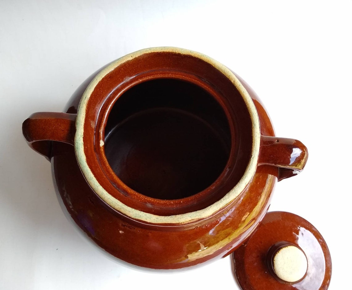 Vintage Brown Glazed Bean Pot with Red Flowers Primitive | Etsy