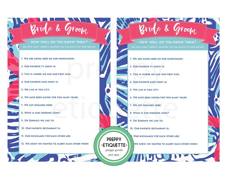The Lilly Bridal Shower Game, Bachelorette Party Game, Southern Prep ...