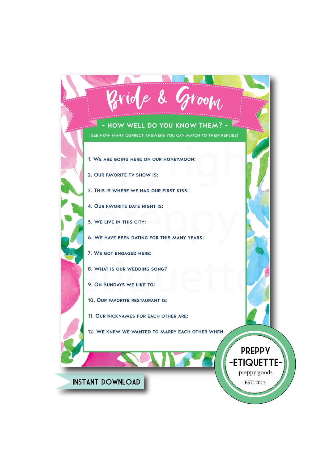 The Lilly Pink Bridal Shower Game | Bachelorette Party Game | Southern ...