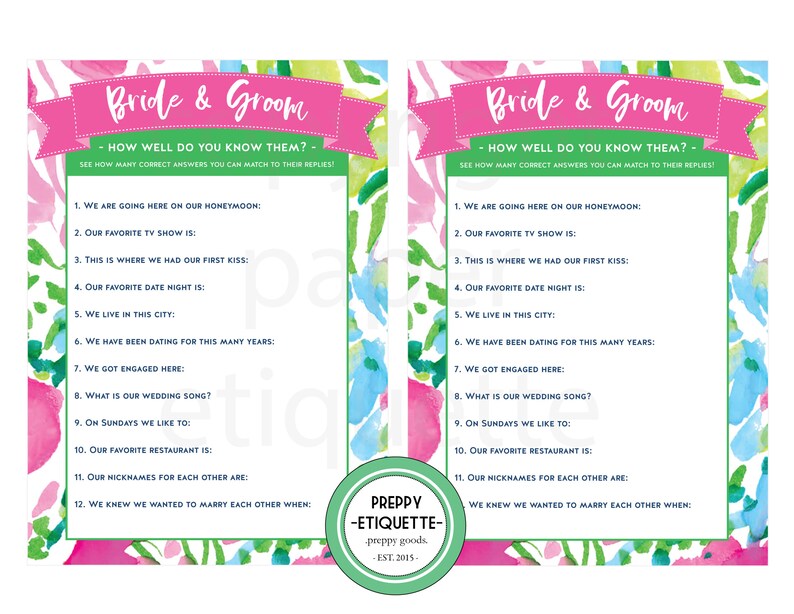 The Lilly Pink Bridal Shower Game | Bachelorette Party Game | Southern ...