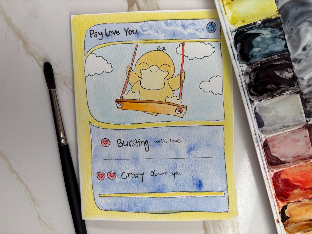 WATERCOLOR GREETING CARD Psyduck Pokémon Love Anniversary Valentine ...
