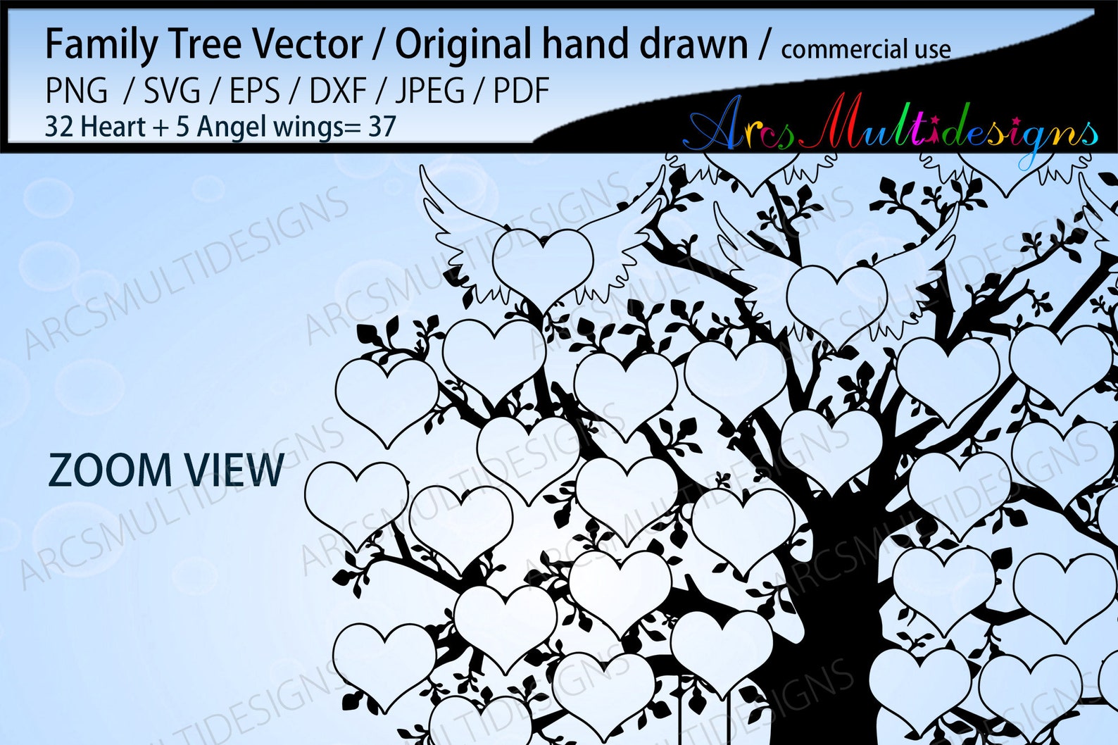 32 Hearts With 5 Angel Wings / Family Tree 37 Heart Template / - Etsy