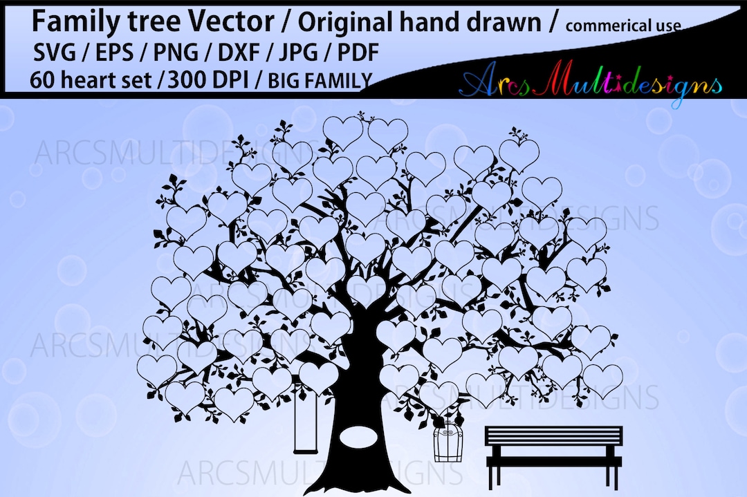 60 Hearts Family Tree Template SVG, EPS, Dxf, Png, Pdf, Jpg / Own Hand ...