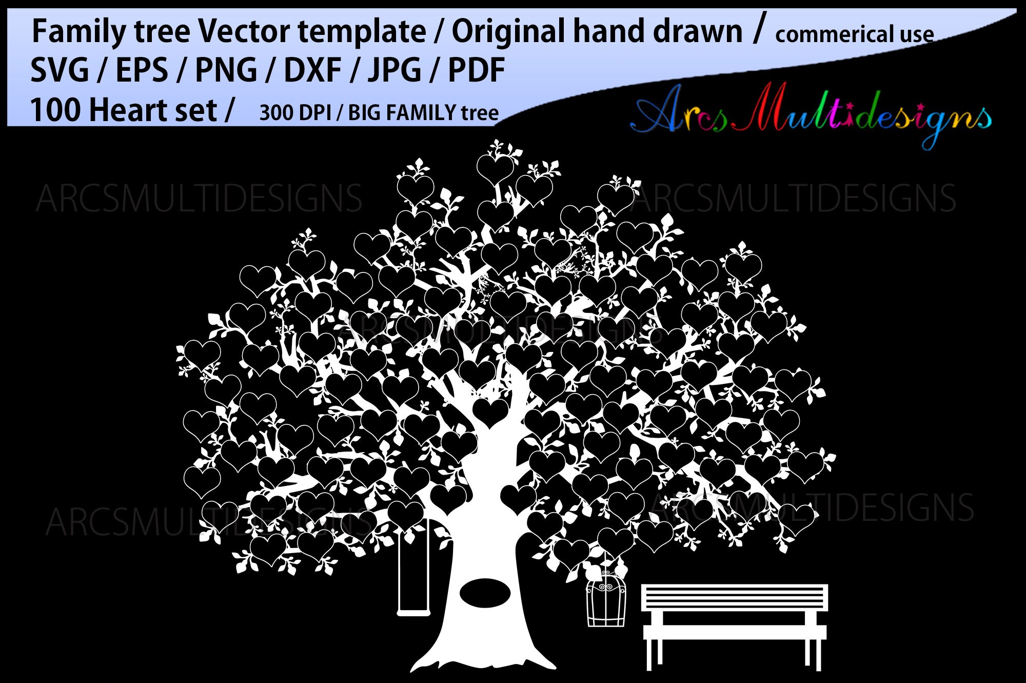100 Hearts Family Tree SVG JPG Pdf PNG Template / Print at - Etsy