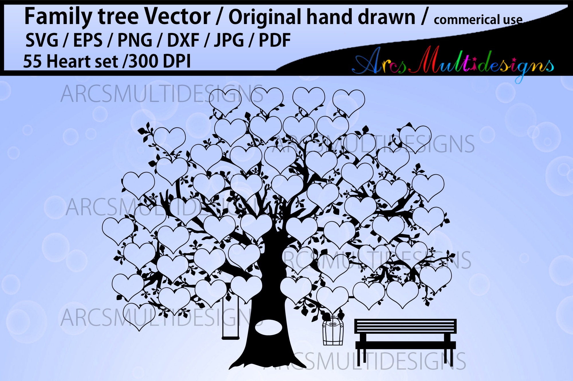 Heart Family Tree Template: Hand Drawn Vector SVG, PNG, PDF (digital ...