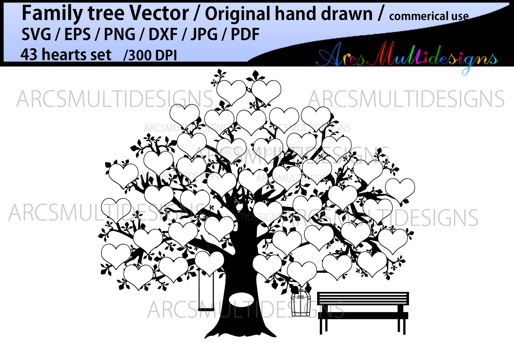 Heart Family Tree Clipart: Hand Drawn Silhouette Vector (digital ...