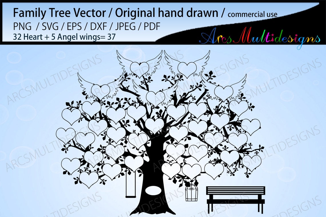 32 Hearts With 5 Angel Wings / Family Tree 37 Heart Template / - Etsy