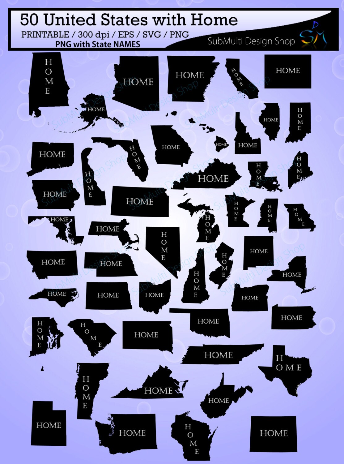 50 United States Map With Home /us Map Silhouette / SVG / EPS / PNG ...