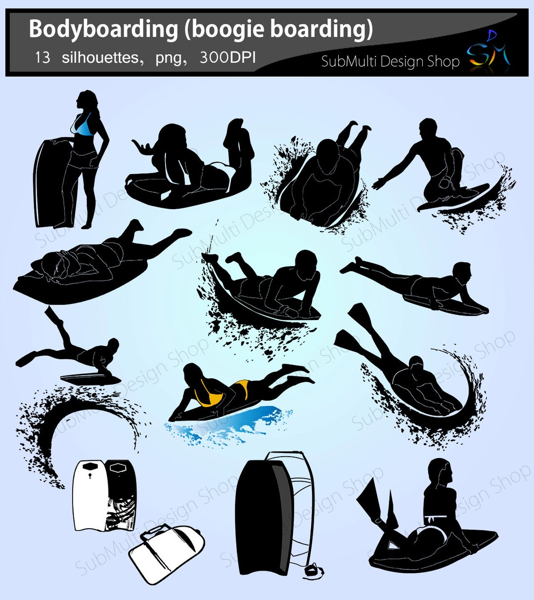 Bodyboarding Silhouette / Boogie Boarding Silhouettte / Vector ...