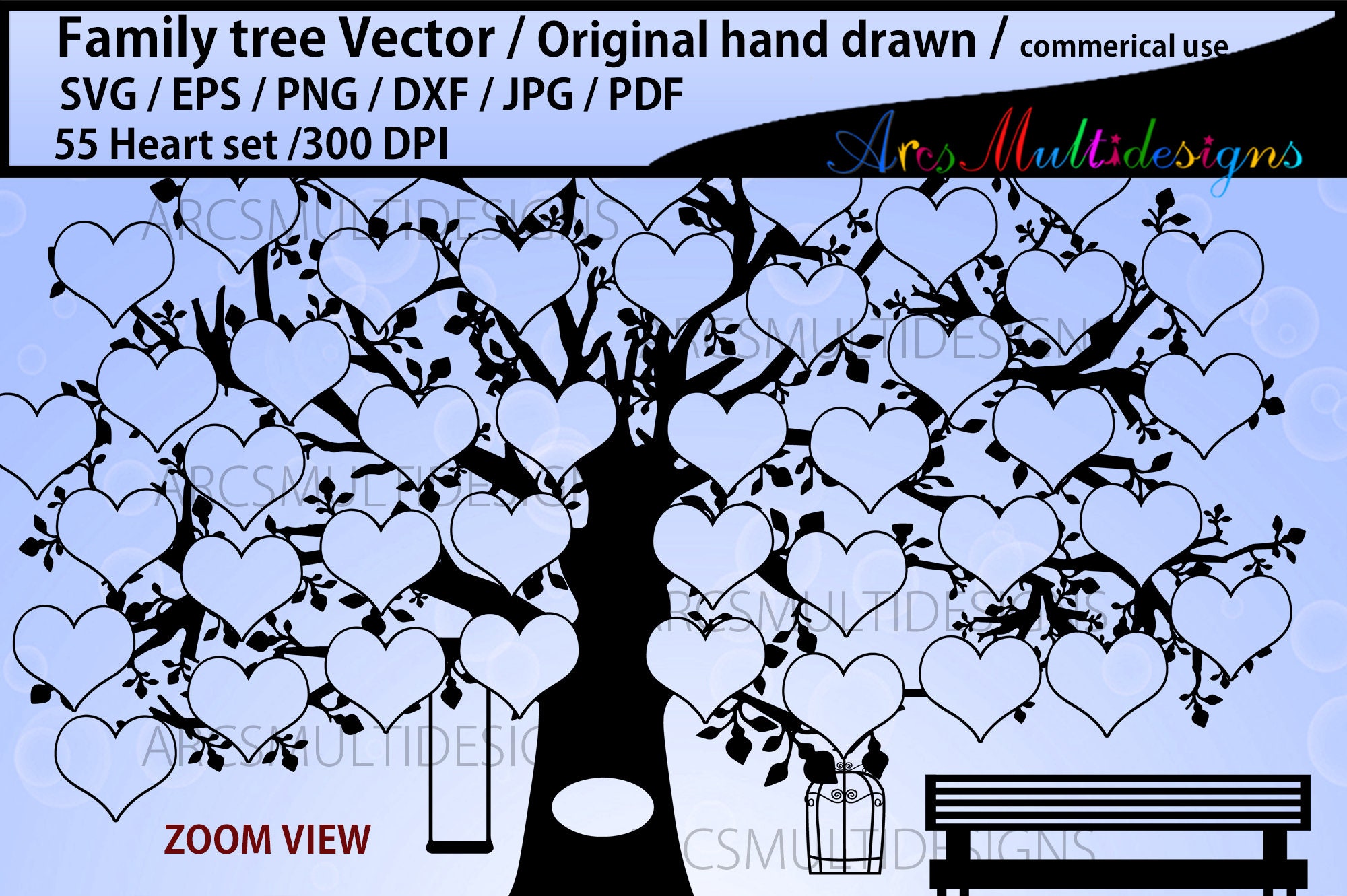 Heart Family Tree Template: Hand Drawn Vector SVG, PNG, PDF (digital ...