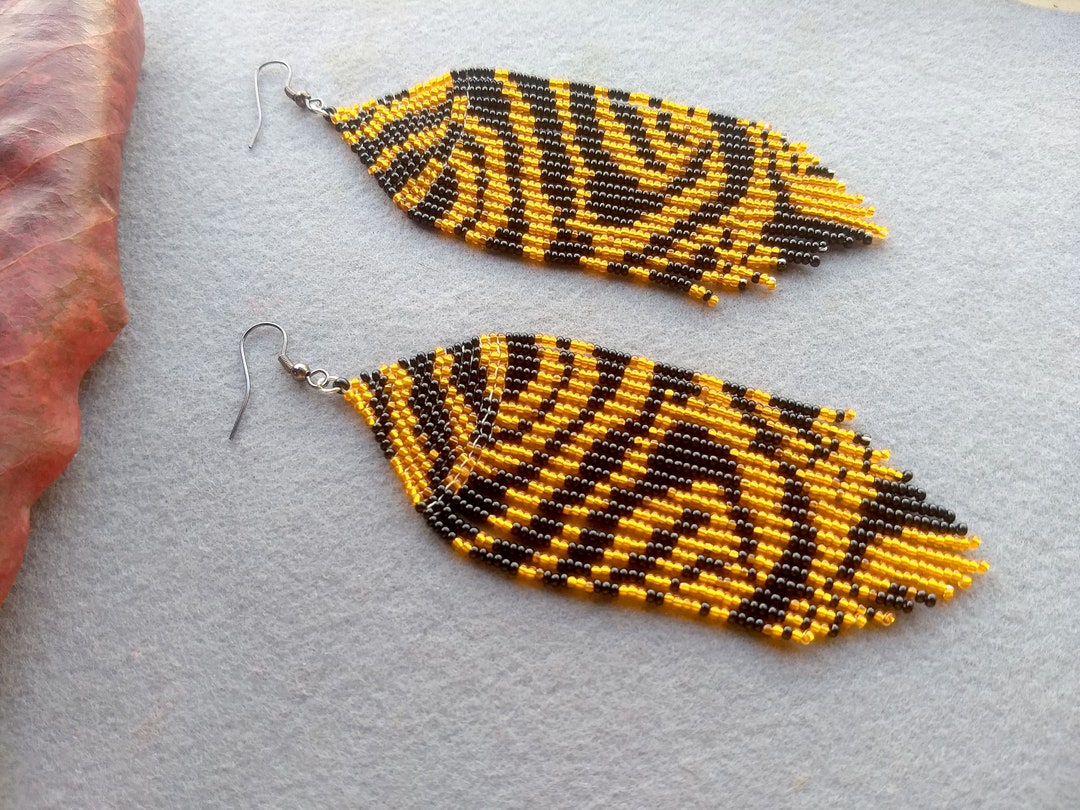 Tiger Print Seed Bead Fringe Earrings: Handmade Animal Lover Gift - Etsy