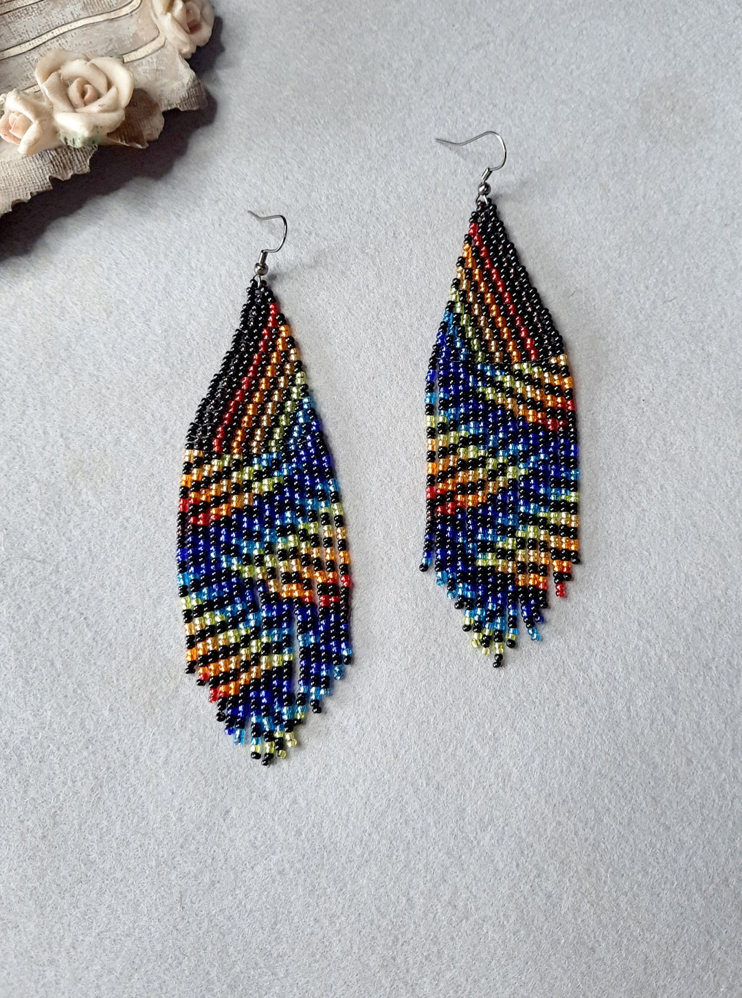 Rainbow Color Fringe Seed Bead Statement Boho Earrings for Women ...