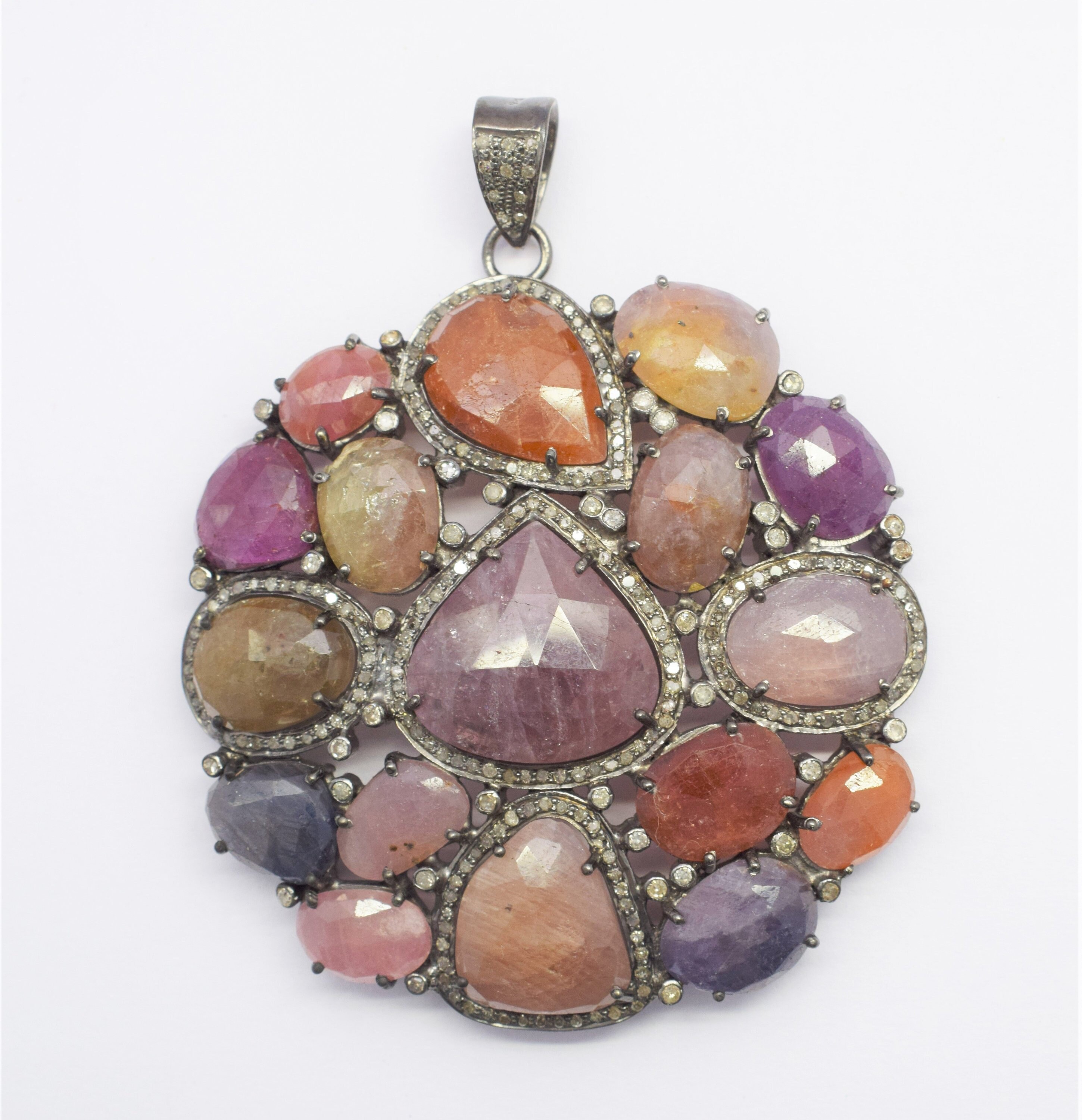 Multi Sapphire Pendant, 925 Sterling Silver Diamond Pendant, Victorian ...