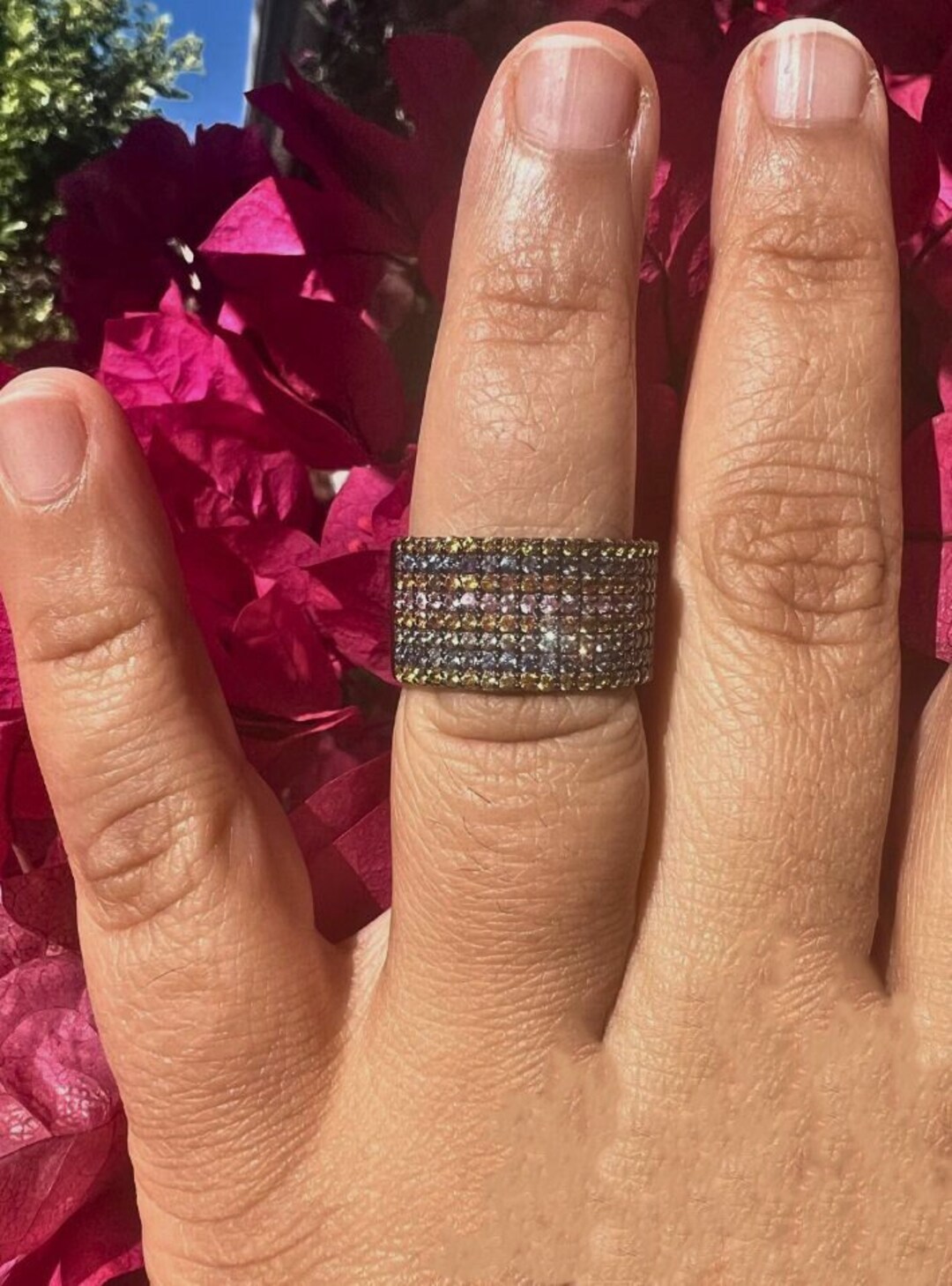 Cigar Band Woman Pave Gemstone Band Ring, 925 Silver Multi Sapphire Band Ring, Handmade Silver ...