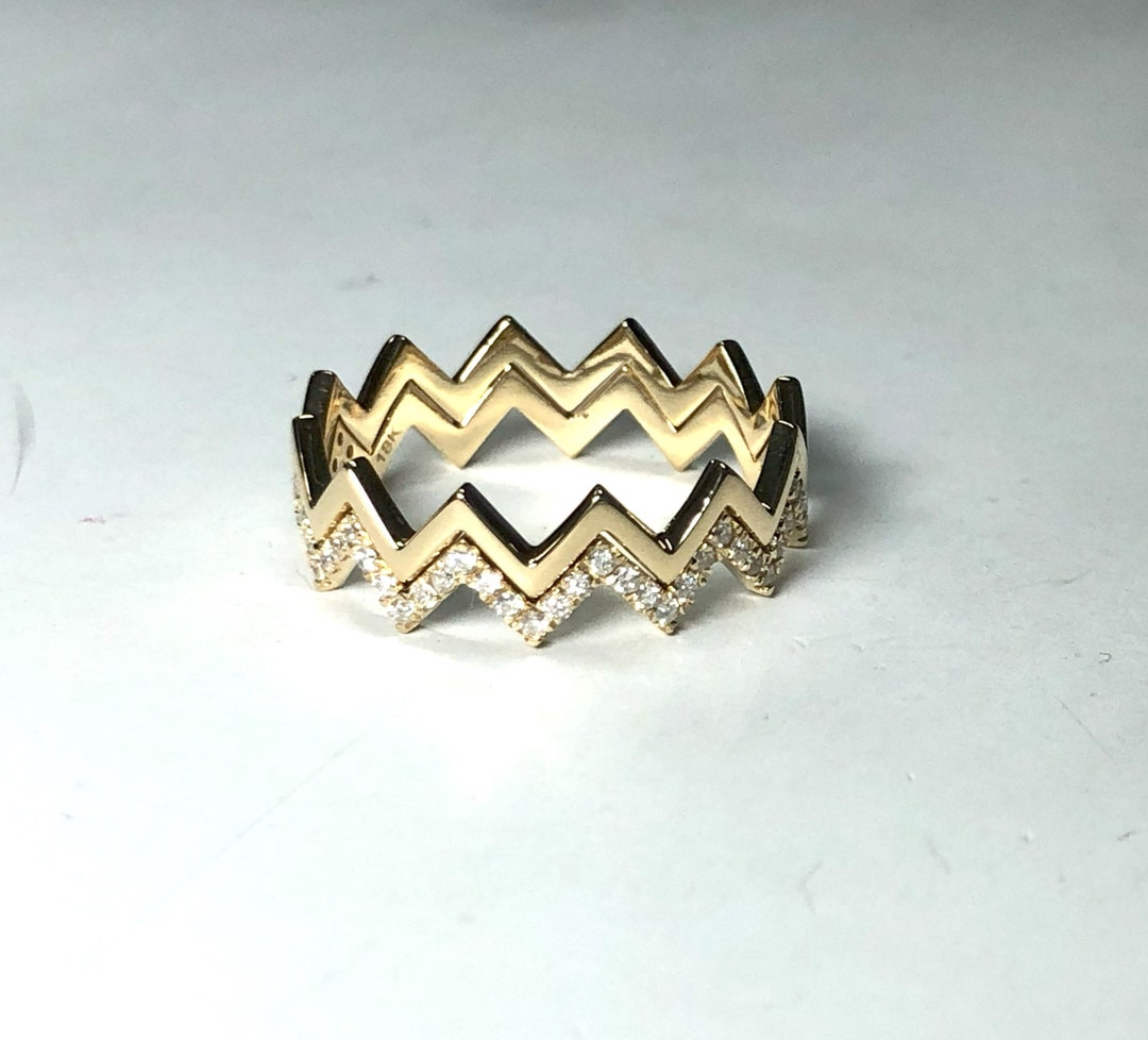 18K Solid Yellow Gold Ring, Diamond Zig Zag Stackable Ring, Delicate Engagement Diamond Wave ...