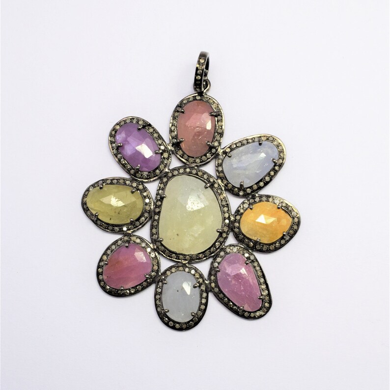 Rainbow Multi Sapphire Diamond Pendant, Unshape Gemstone Pendent, 925 ...