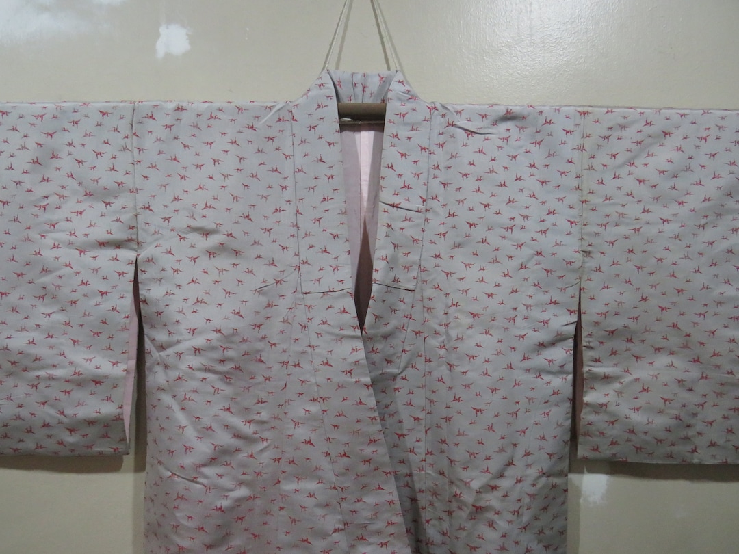 Vintage Japanese Kimono Grey Color Flying Bird Origami Pattern Kimono ...