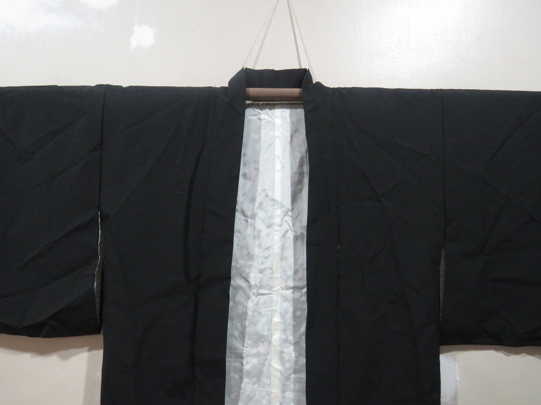 Vintage Japanese Jacket Haori Black Color Flower Pattern Kimono Robe ...