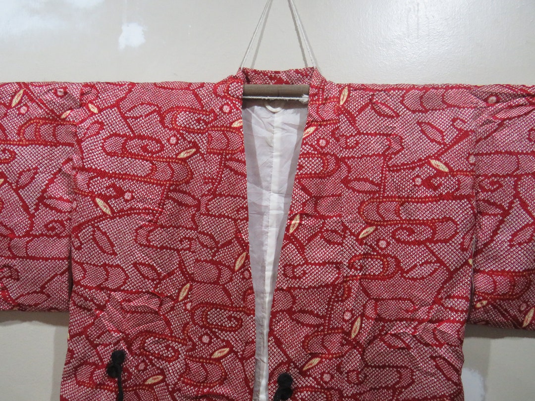 Vintage Japanese Jacket Haori Dark Red and White Color Abstract Pattern ...