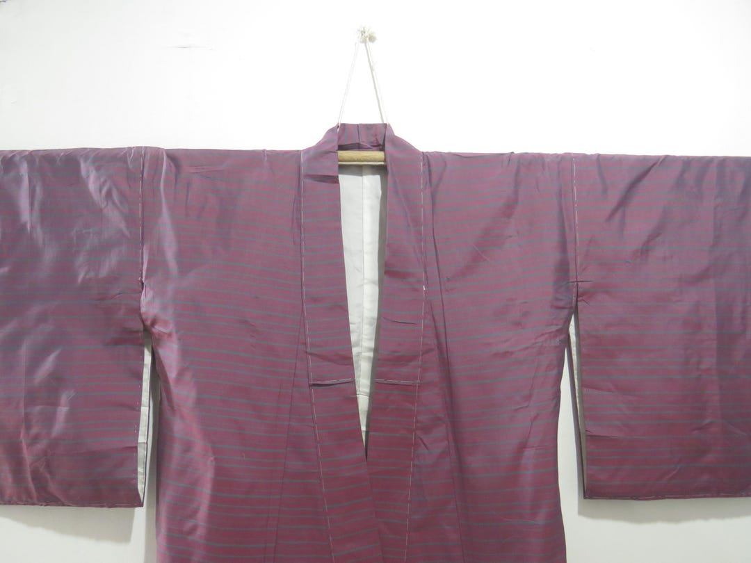 Vintage Japanese Kimono Maroon Blue Color Line Pattern Kimono Robe ...