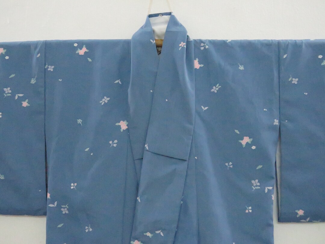 Vintage Japanese Kimono Blue Color Flower Pattern Kimono Robe Nightwear ...