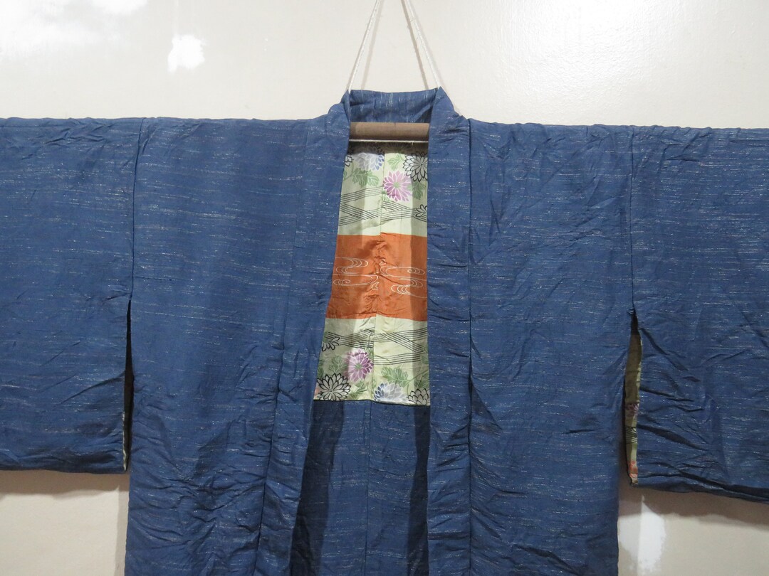 Vintage Japanese Jacket Haori Blue Color Plain Pattern Kimono Robe ...