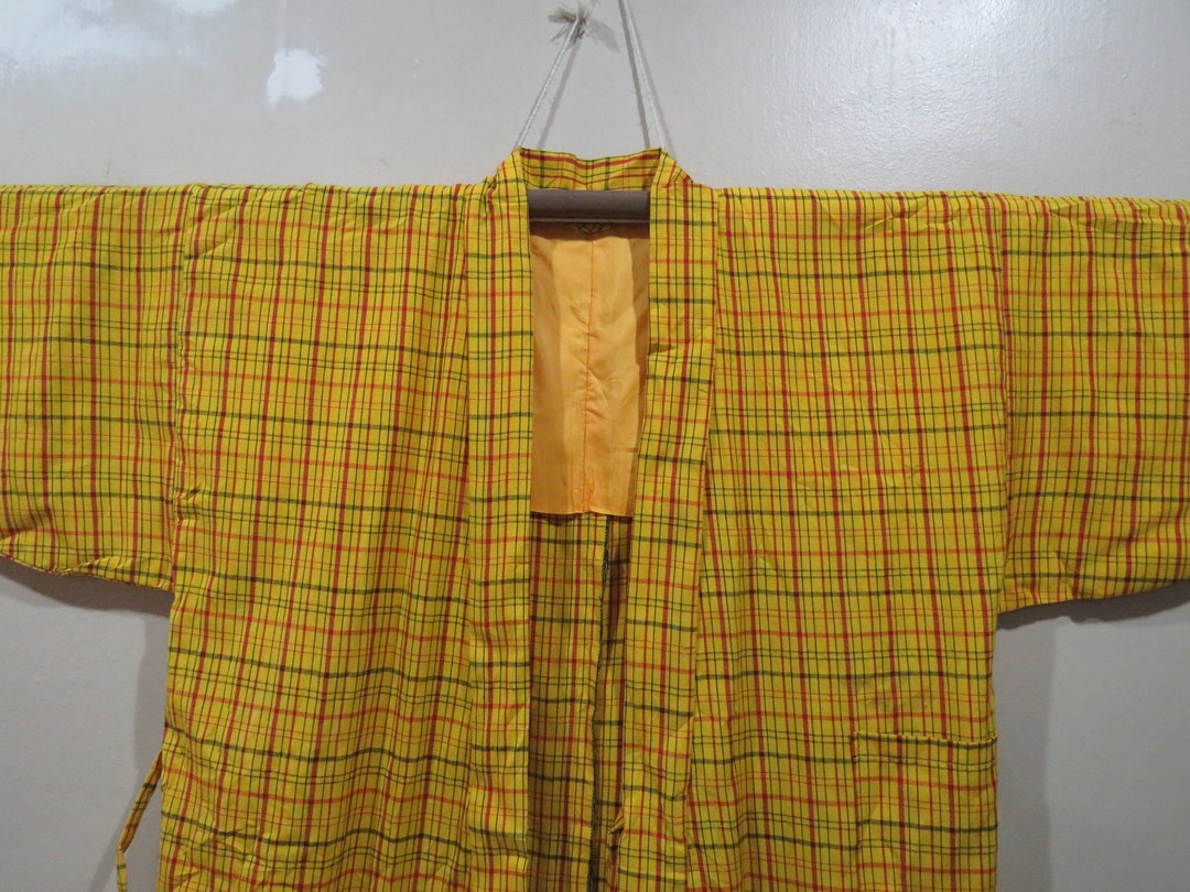 Vintage Japanese Jacket Haori Light Yellow Color Square Pattern Kimono ...