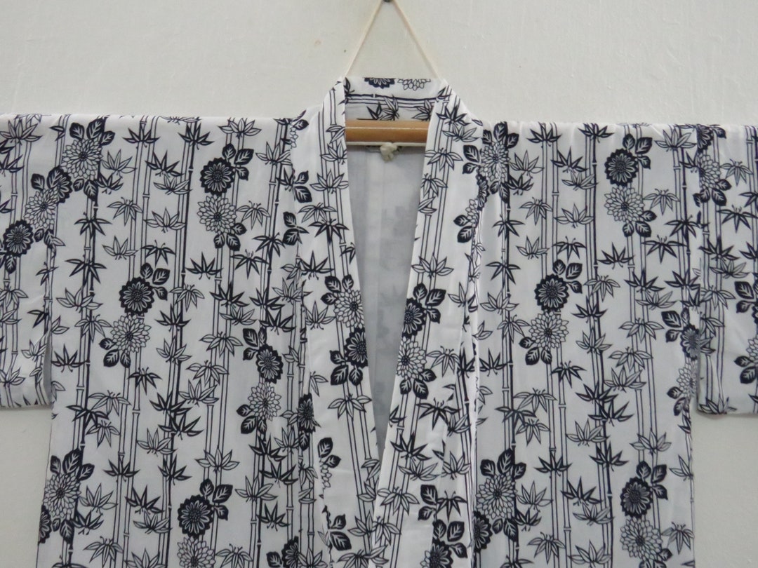Vintage Japanese Cotton Yukata White and Black Color Flower Pattern ...