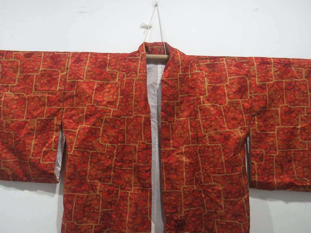 Vintage Japanese Jacket Haori Red Orange Color Flower Pattern Kimono ...