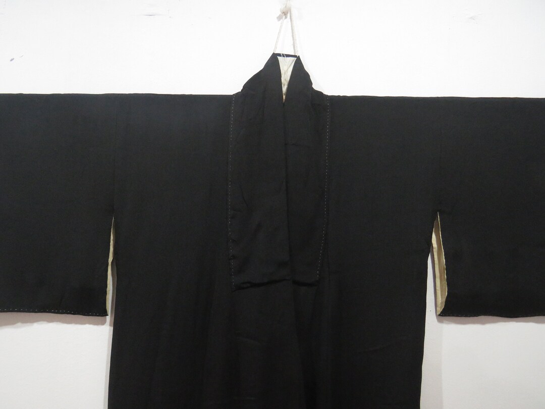 Vintage Japanese Kimono Black Color Plain Pattern Kimono Robe Nightwear ...