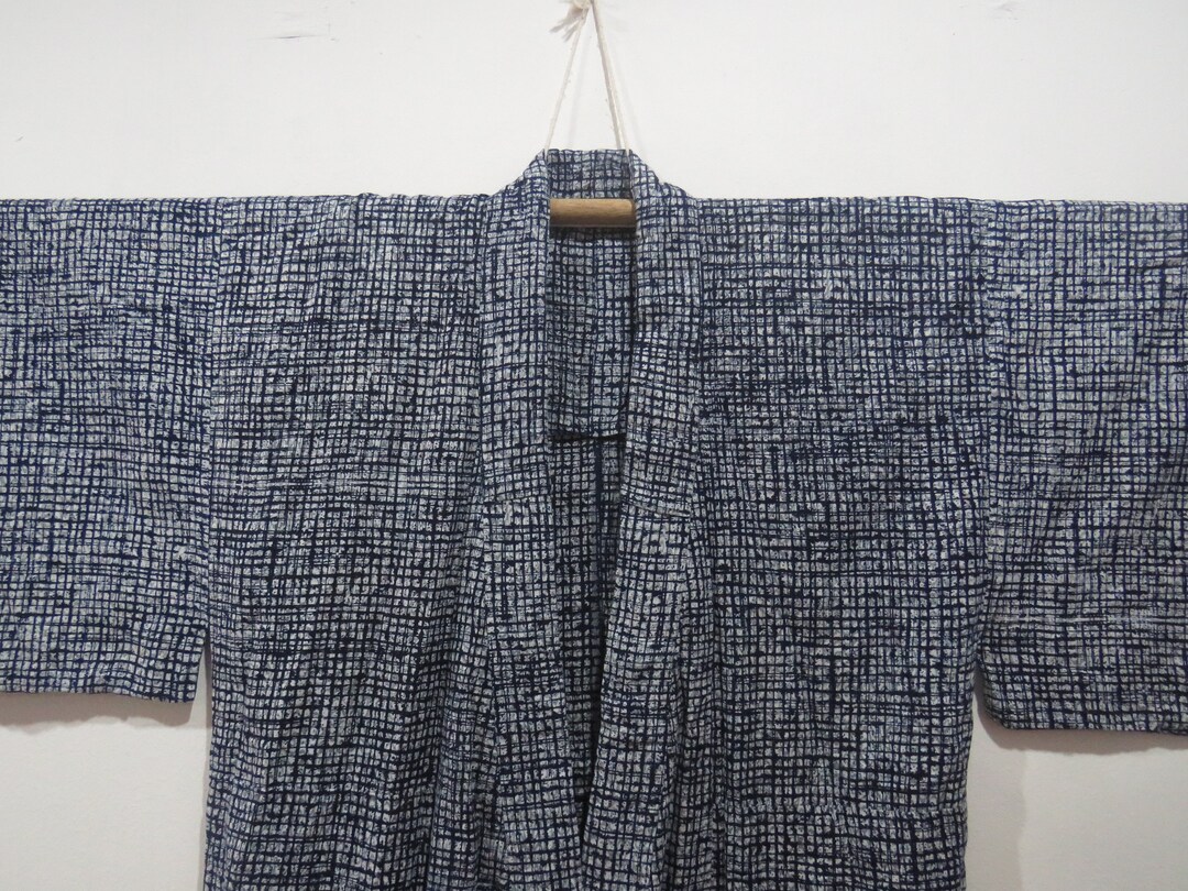 Vintage Japanese Cotton Yukata Dark Blue, White and Grey Color Square ...
