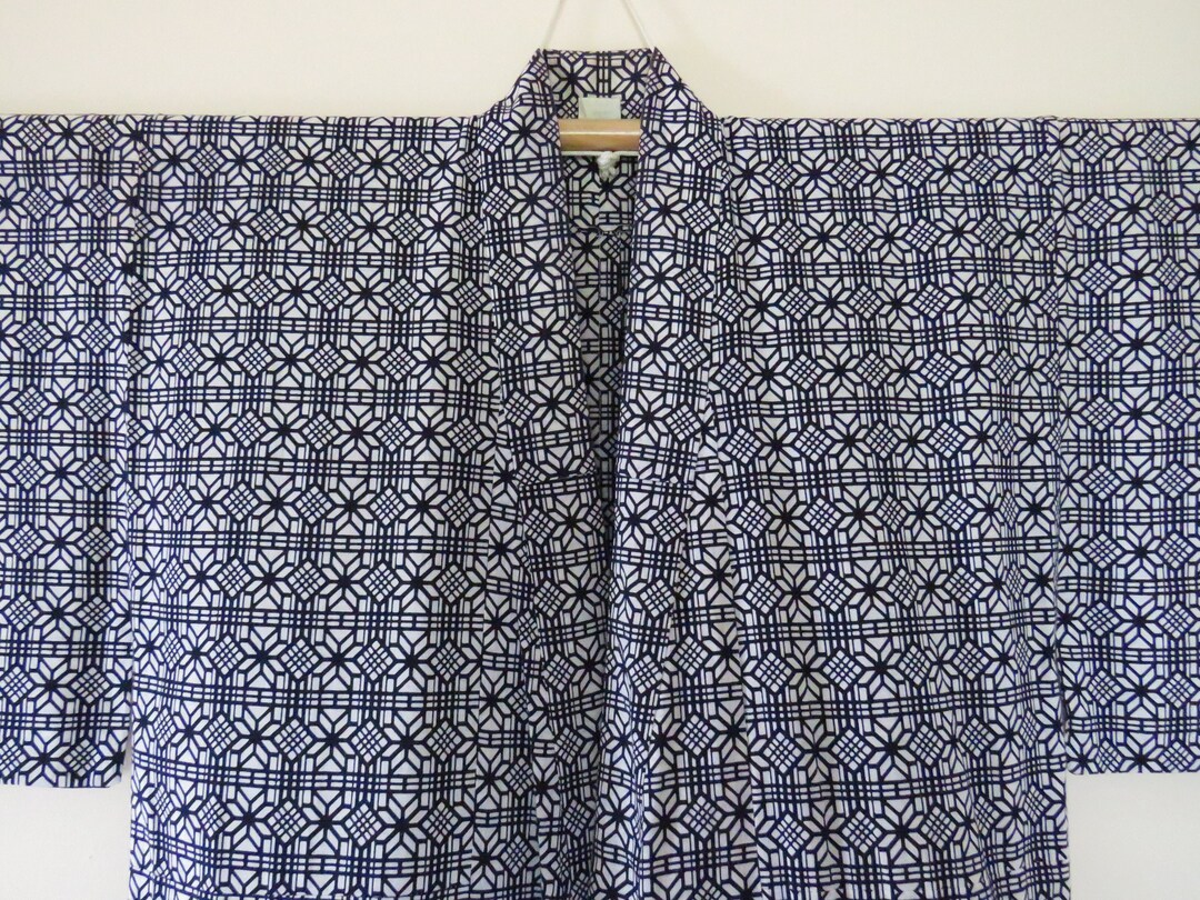 Vintage Japanese Cotton Yukata Grey Color Abstract Pattern Kimono Robe ...
