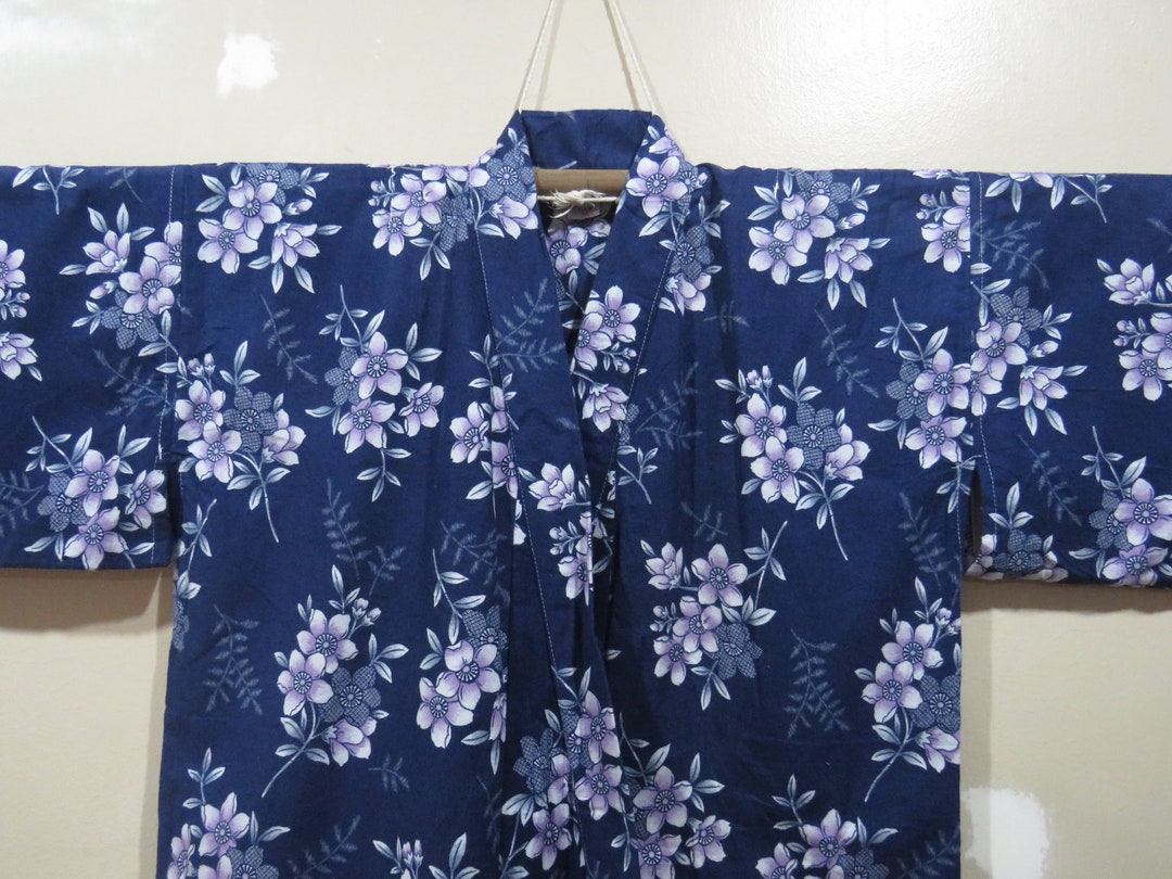 Vintage Japanese Cotton Yukata Royal Blue Color Flower Pattern Kimono ...