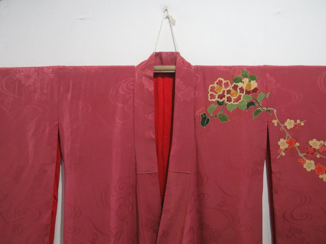 Vintage Japanese Kimono Rosewood Color Flower Pattern Kimono Robe ...