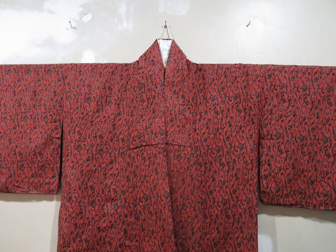 Vintage Japanese Kimono Red Color Flower Pattern Kimono Robe Nightwear ...