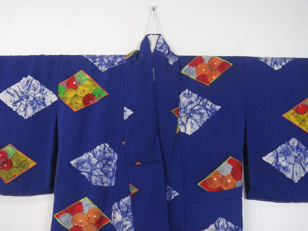 Vintage Japanese Kimono Navy Blue Color Flower Pattern Kimono Robe ...