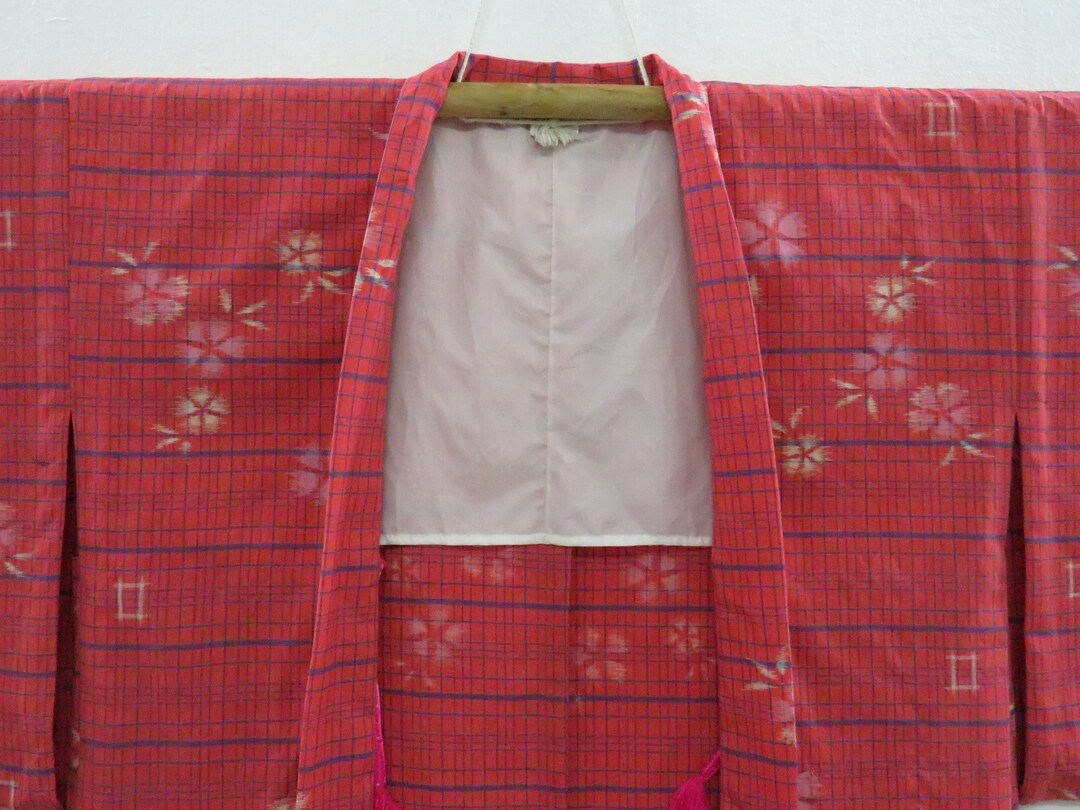 Vintage Japanese Jacket Haori Red Crimson Color Abstract Pattern Kimono ...