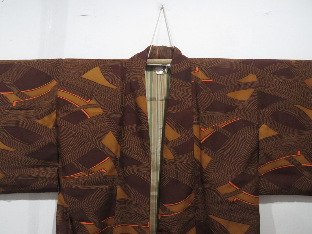 Vintage Japanese Jacket Haori Chocolate Mustard Color Abstract Pattern ...