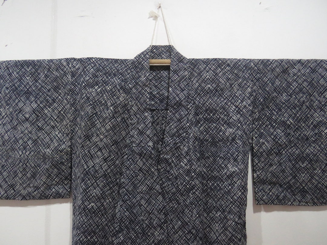 Vintage Japanese Cotton Yukata Dark Blue, Grey and White Color Square ...