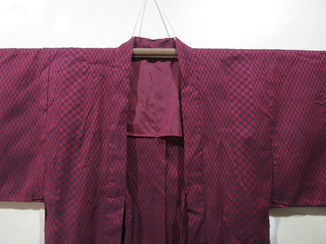 Vintage Japanese Jacket Haori Dark Blue and Red Color Square Pattern ...